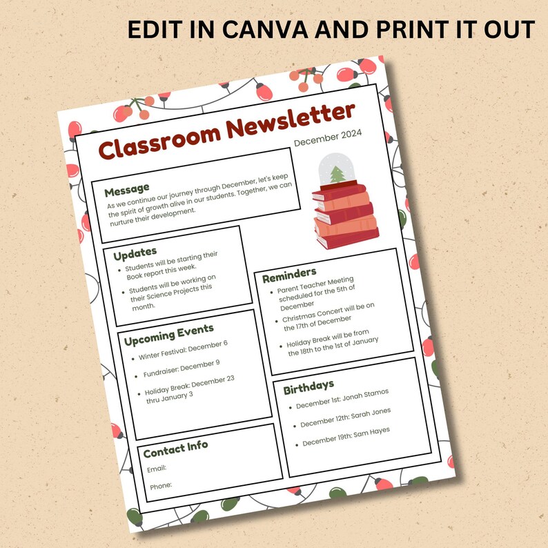 Christmas School Newsletter Template: Editable Canva Pro Design Digital ...