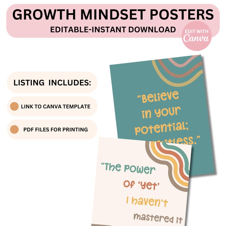 Growth Mindset Editable Classroom Printable Posters Modern Boho ...