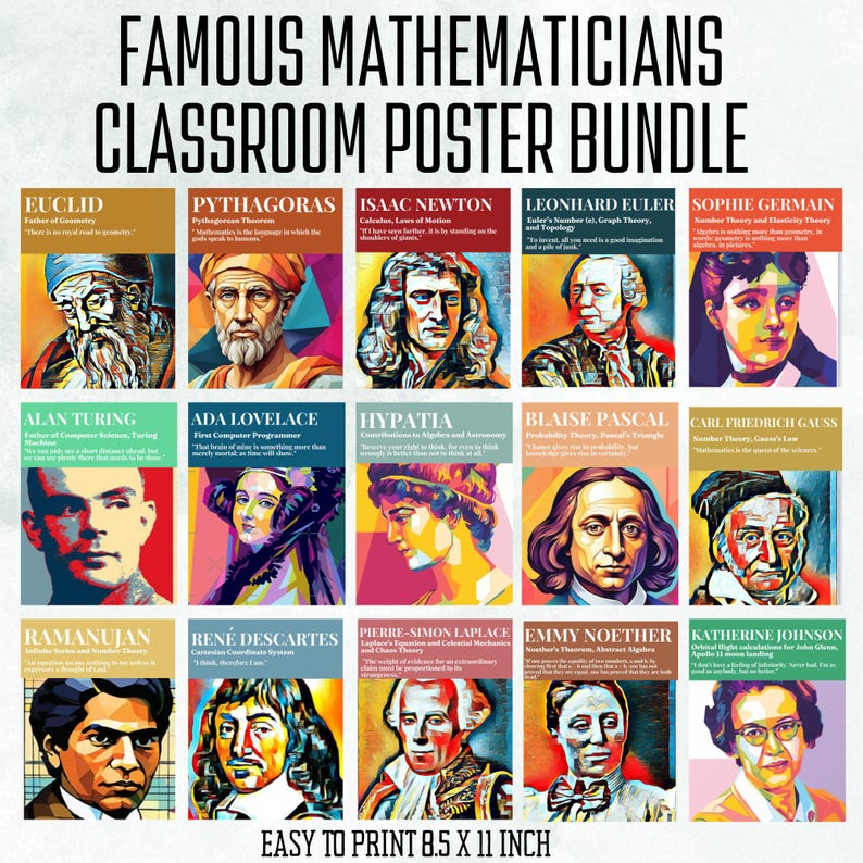 Math Bulletin Board Mathematics Posters Mathematicians Quotes Bundle ...