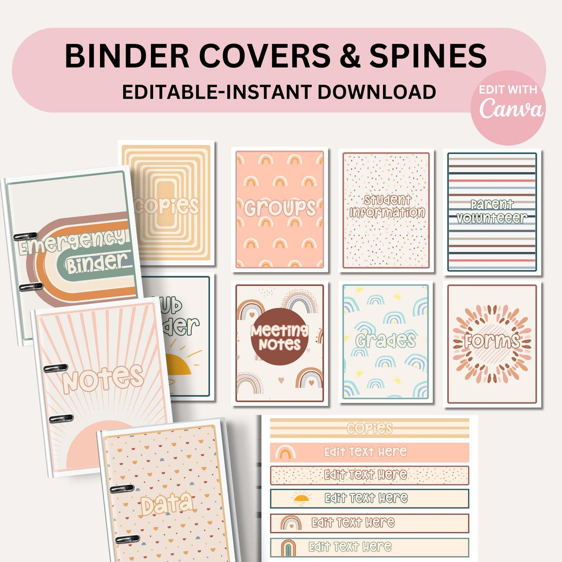 Classroom Binder Covers and Spines Editable Modern Boho Teacher ...