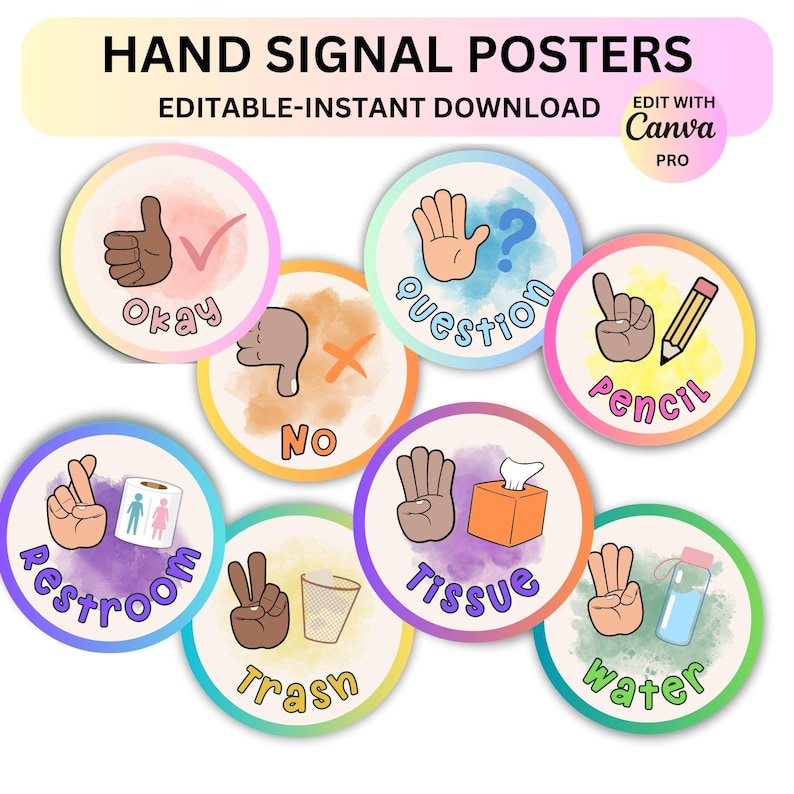 Classroom Hand Signals Poster Display Editable in Canva Watercolor ...