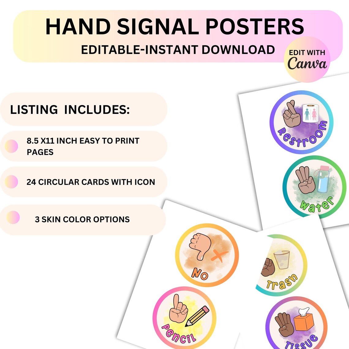 Classroom Hand Signals Poster Display Editable in Canva Watercolor ...