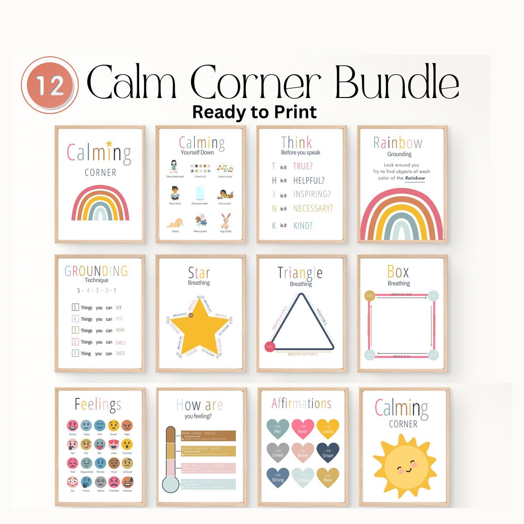 Set of 12 Soft Boho Calming Corner Posters Coping Techniques Wall Art ...