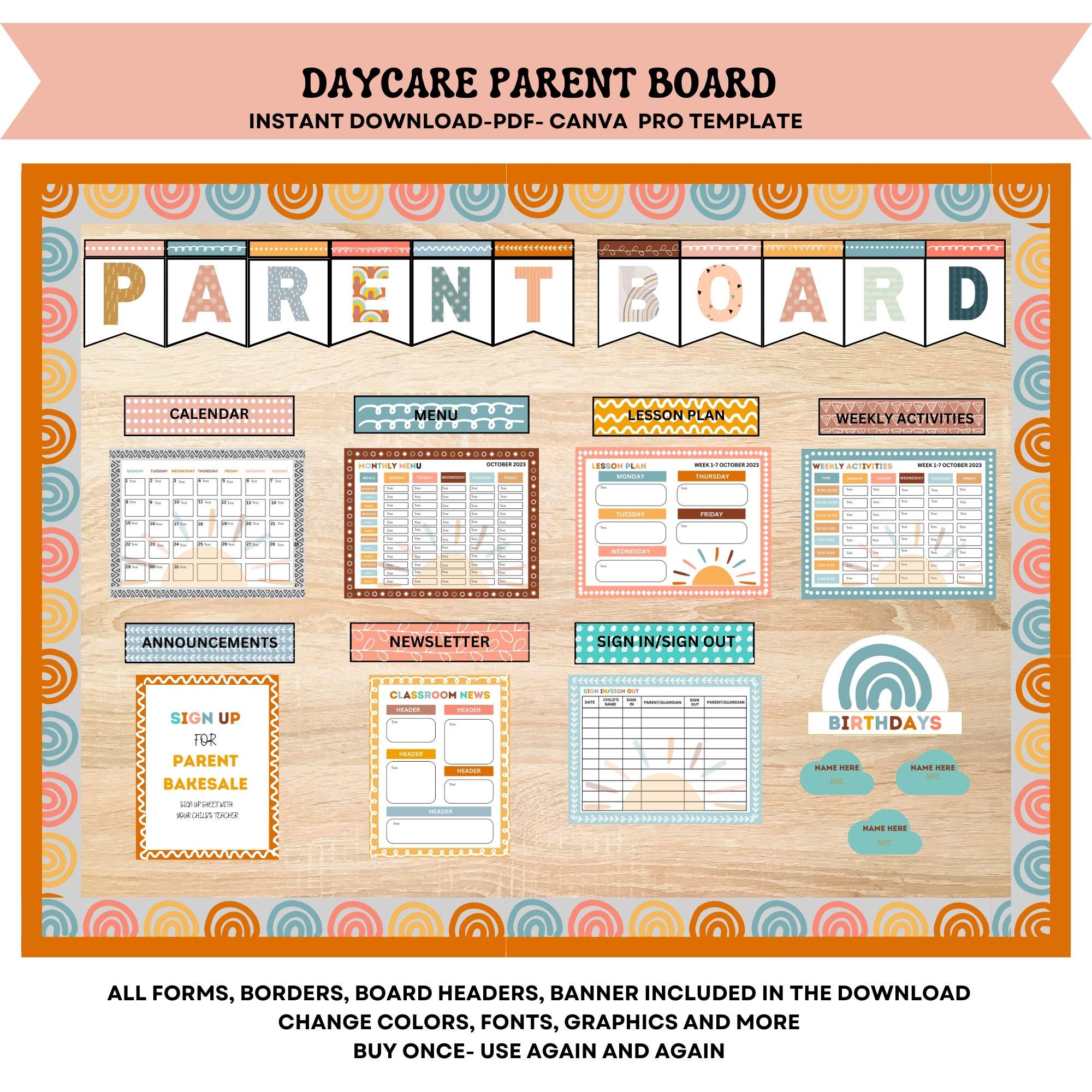 Daycare Parent Board Childcare Bulletin Board Canva Editable Template Parent Info Board ...