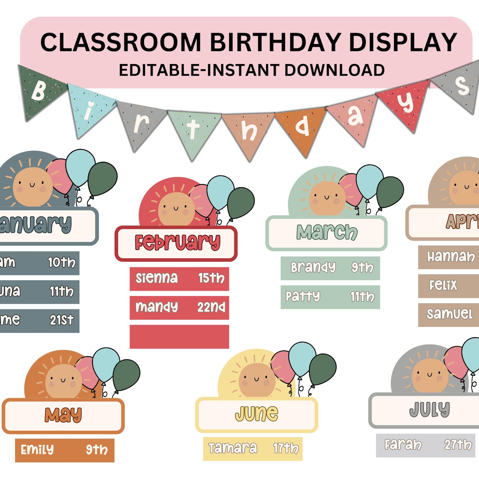 Classroom Birthday Printable Display Editable in Canva Boho Modern ...
