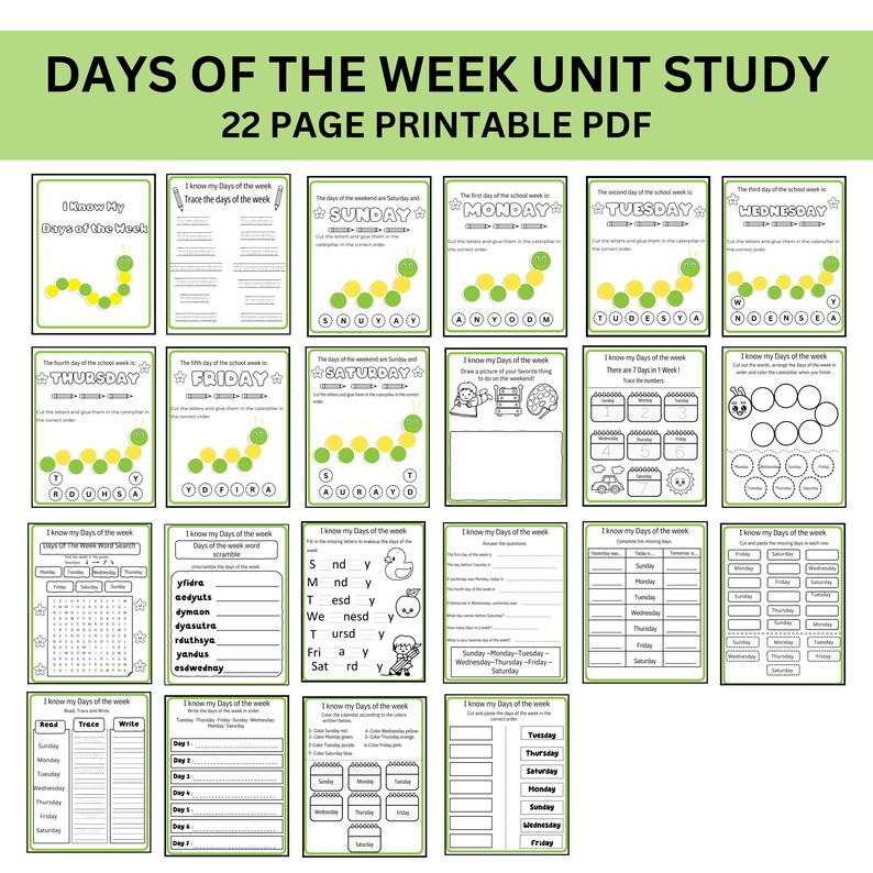 Days of the Week Printable Unit Study Calendar Preschool Kindergarten ...