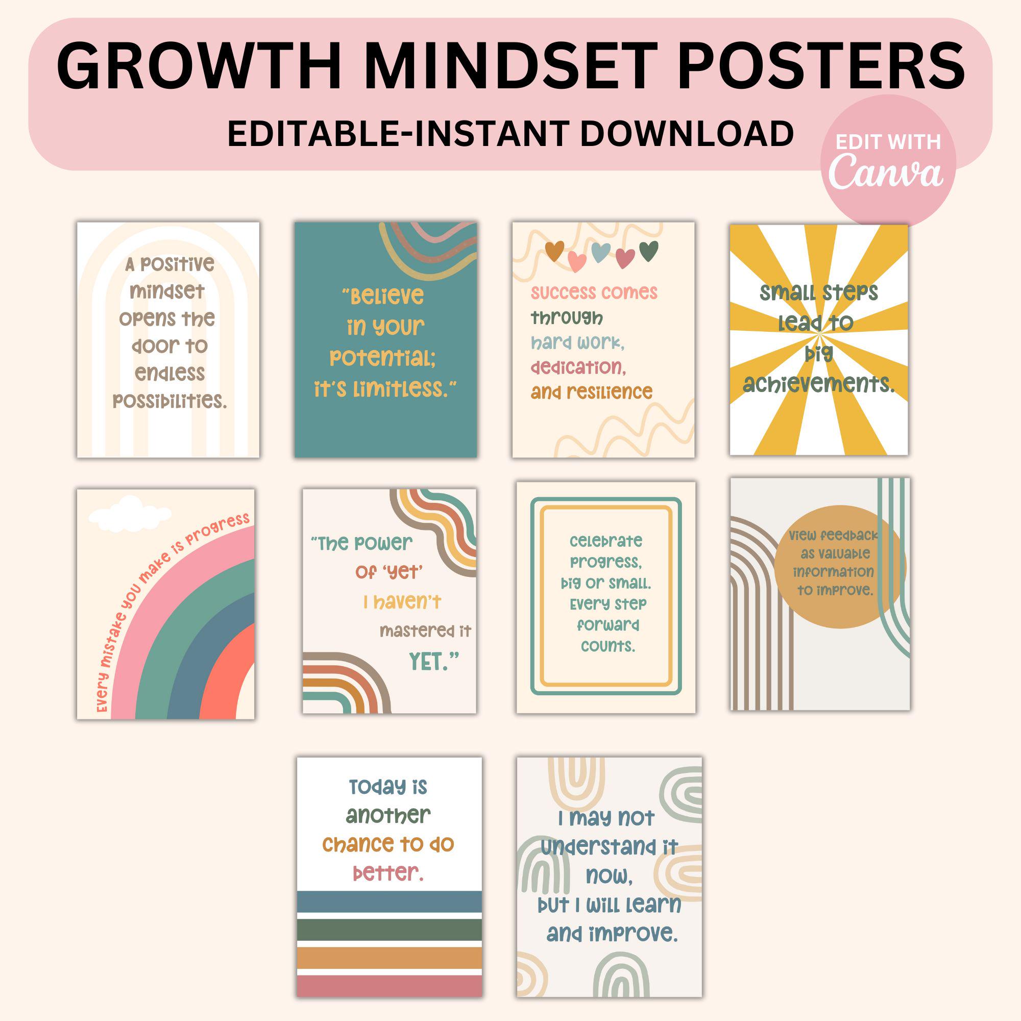 Growth Mindset Editable Classroom Printable Posters Modern Boho ...