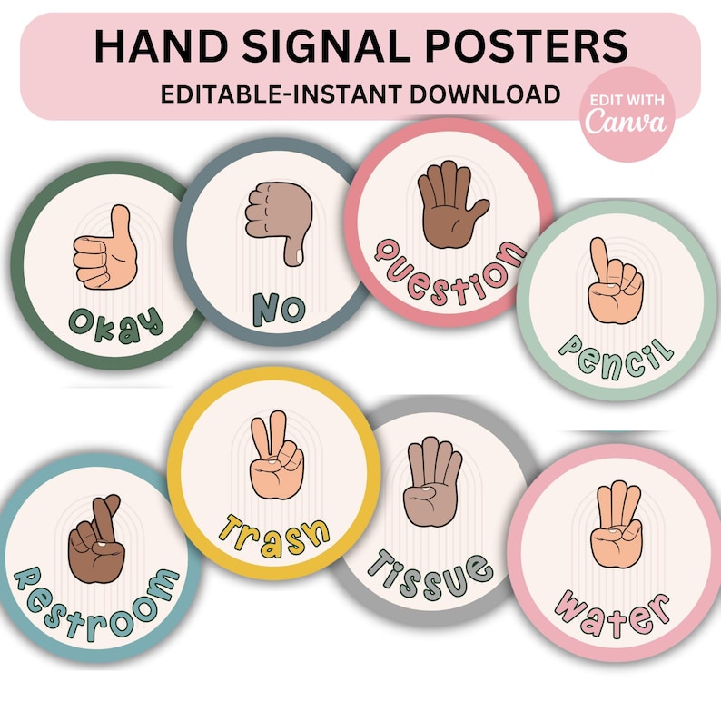 Classroom Hand Signals Poster Display Editable in Canva Boho Modern ...