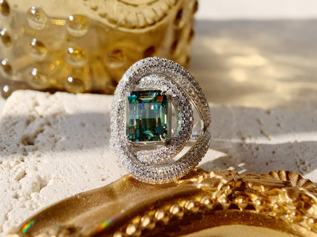 4 Carat Green Pixel Cut Moissanite Ring, 925 Sterling Silver Cocktail ...