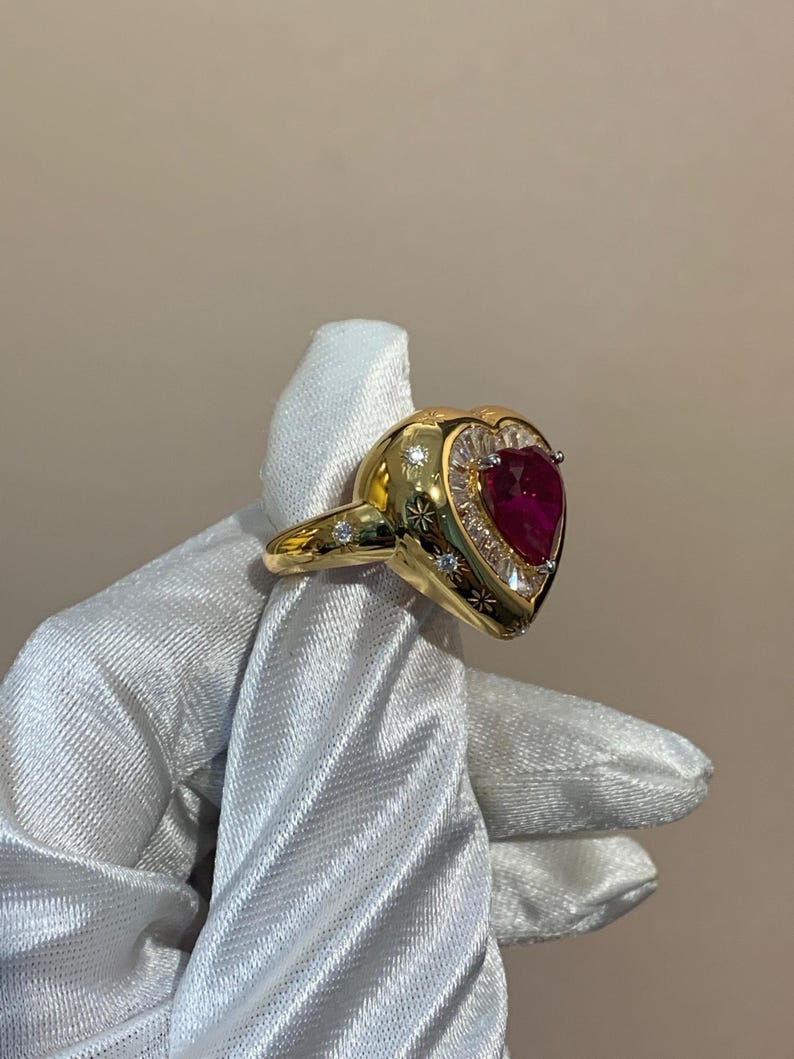 4 Carat Lab Grown Heart Ruby Ring With Moissanite, S925 Vintage ...