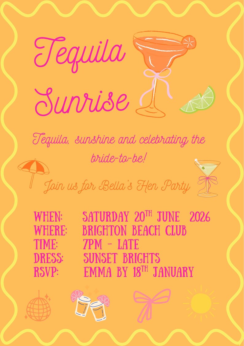Tequila Sunrise Hen Party Invitation - Editable Canva Template - Etsy