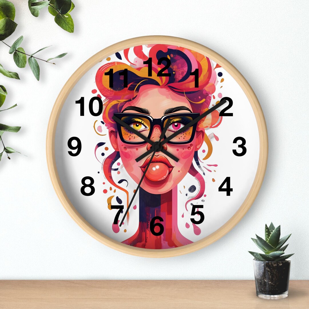 Vivid Pop Art Boho Wooden Wall Clock Fierce Woman Design Bold Colors ...