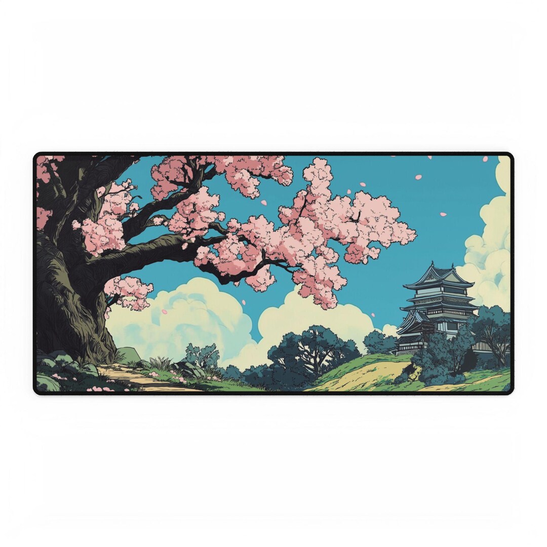 Feudal Japan Desk Mat Castle and Cherry Blossom Tree, Japanese Desk Pad ...
