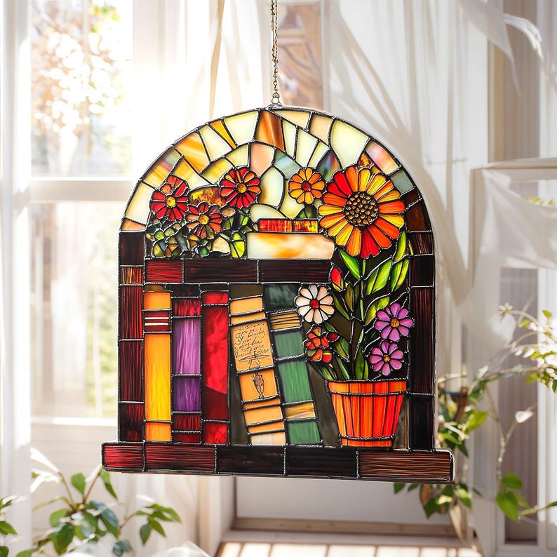 Library Bookshelf Faux Stained Glass Suncatcher – Acrylic Book Lover ...