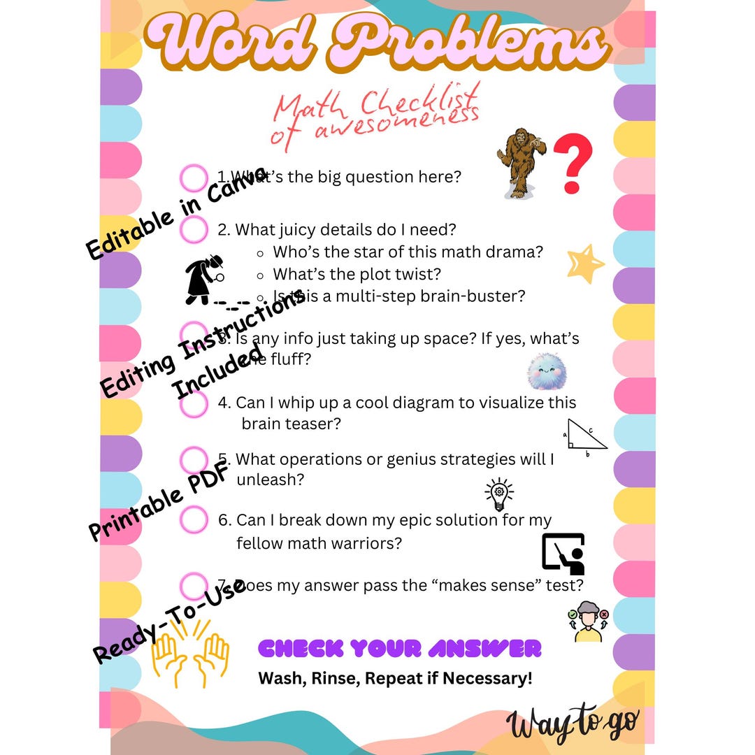Word Problems Checklist – Printable PDF & Editable Canva Template for ...