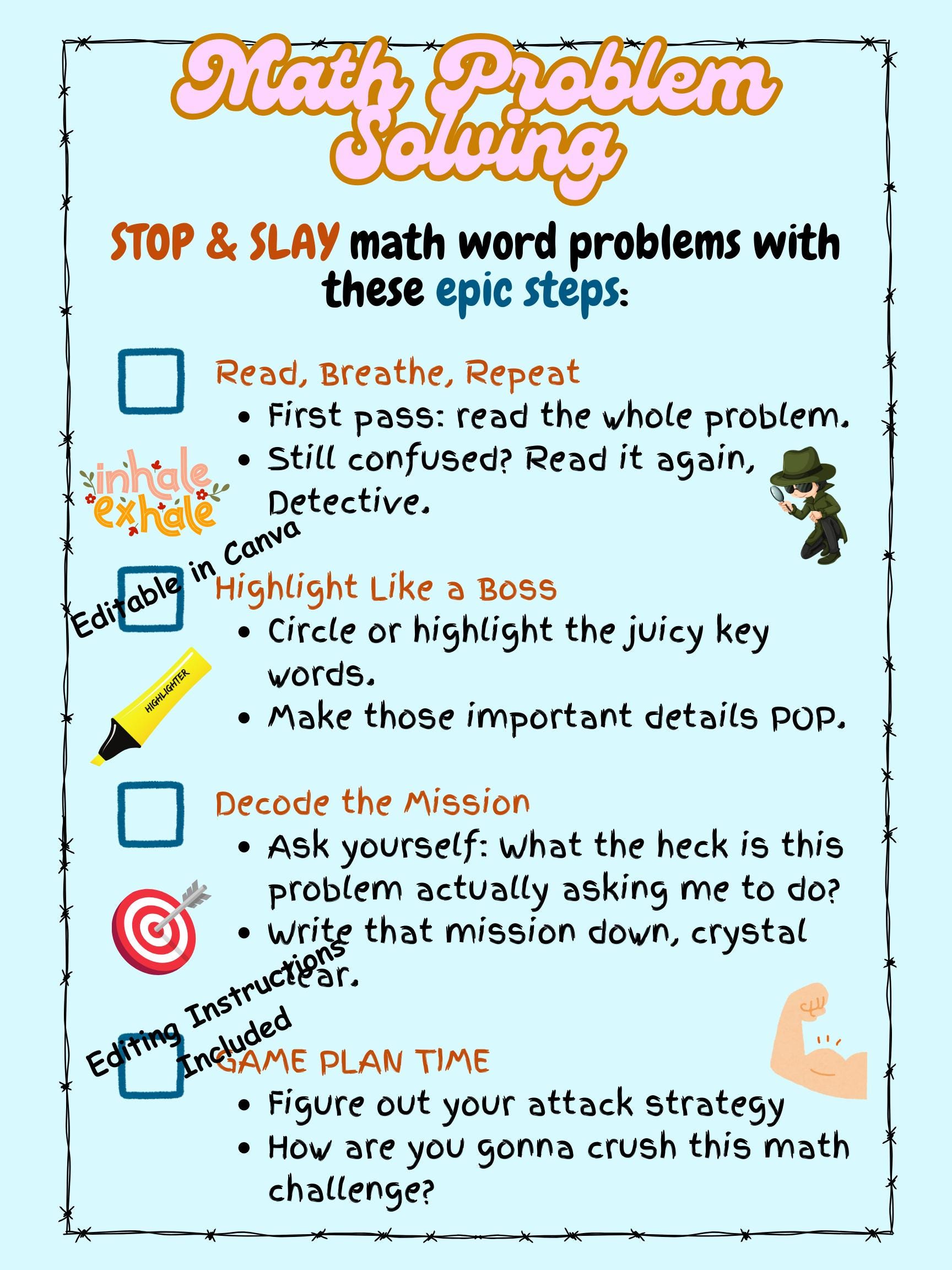 Math Problem Solving Checklist – Printable PDF & Editable Canva ...