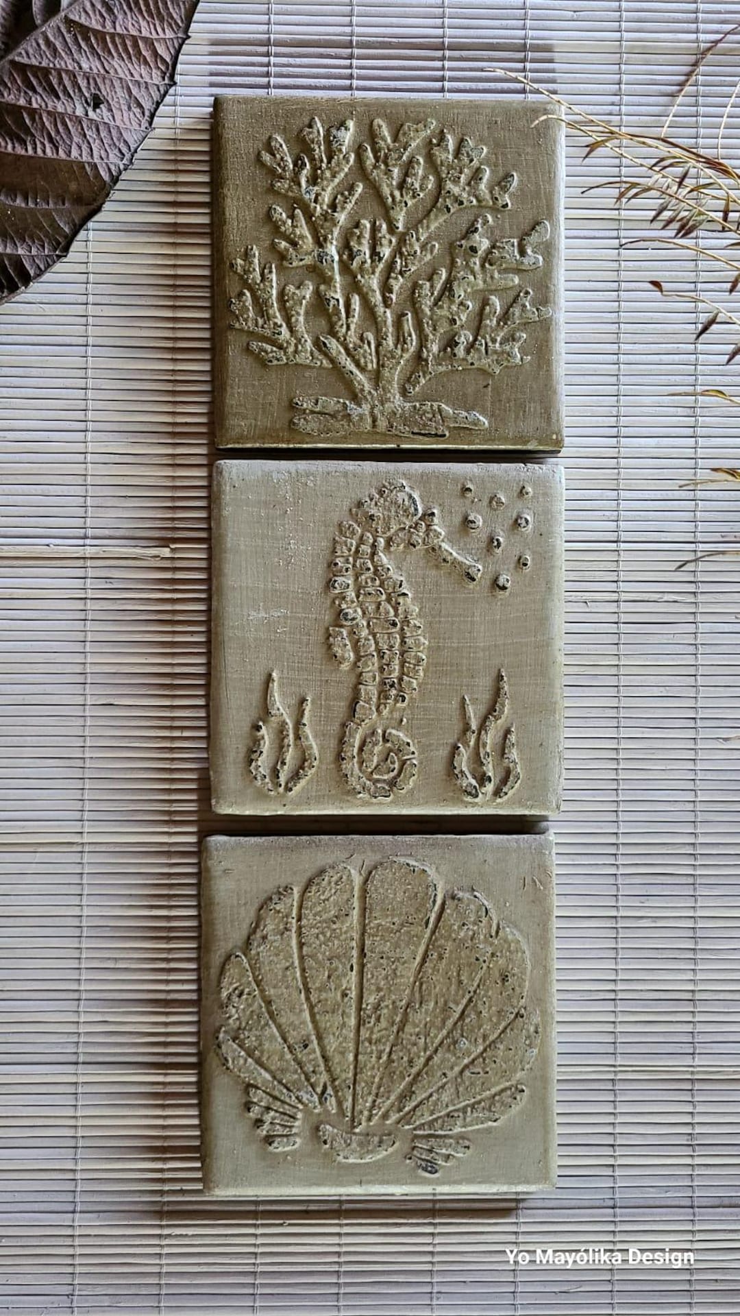 Set of 3 Tiles, Rustic Ceramic Tiles, Marine Decoration in Relief ...