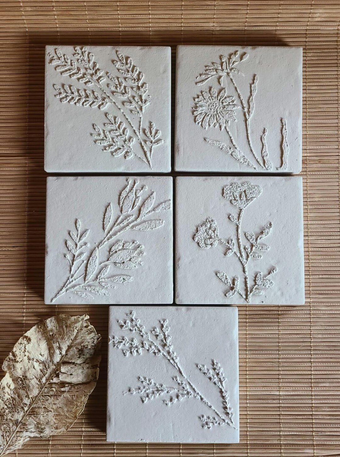 Set of 5 Tiles 10x10 Ceramic Base Azulejos Floral Decorations Hand ...