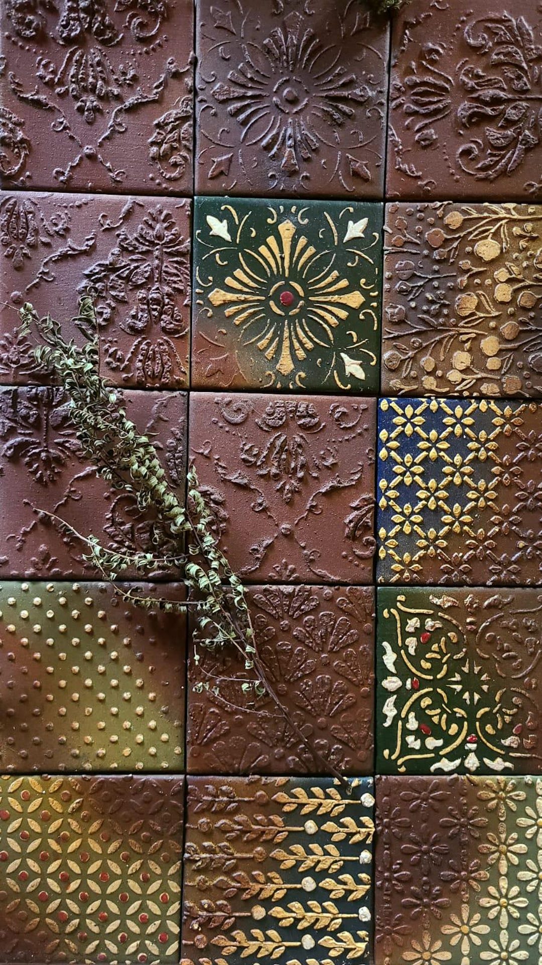 Set of 15 Tiles, Artistic Relief Tiles, Handmade Rustic Tiles, Country ...