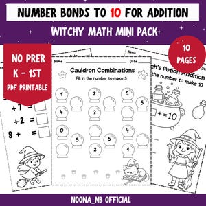 Number Bonds to 10 for Addition Witchy Math Mini Pack I Kindergarten ...