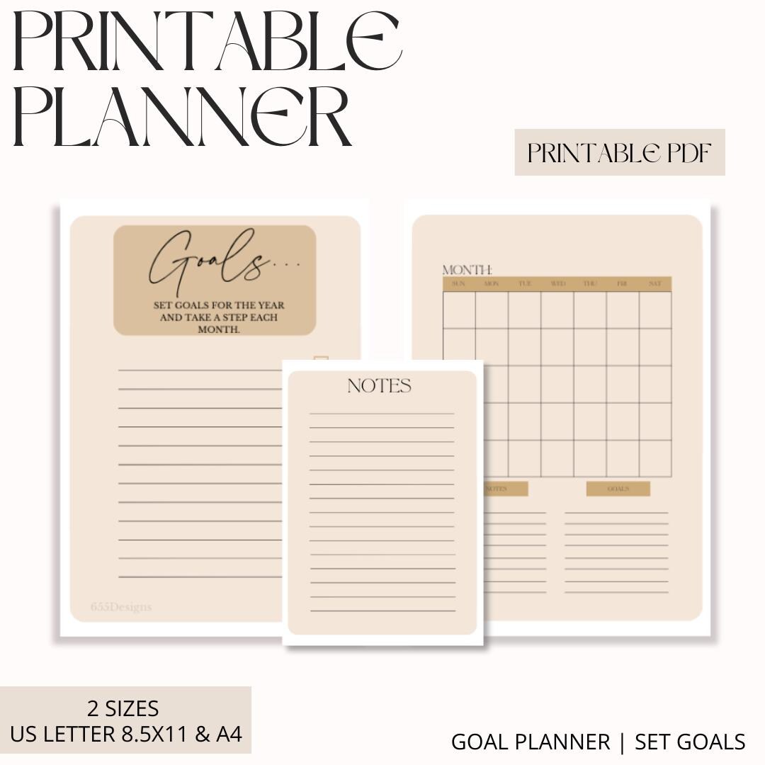 Printable Monthly Goal Planner With Note Page | Simple Minimalistic ...