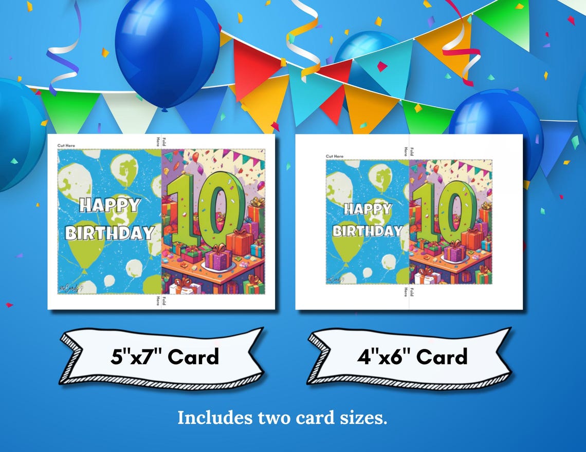 10th Birthday Card: Printable Party Design (digital Download, 5x7 & 4x6 ...
