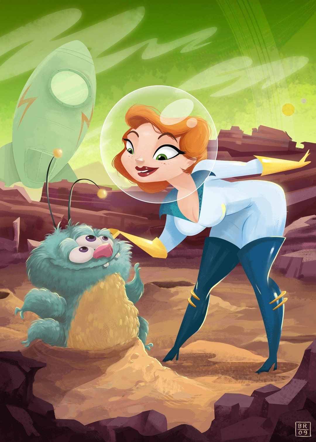 Space Explorer Fine Art Print Cute Retro Space Girl With - Etsy