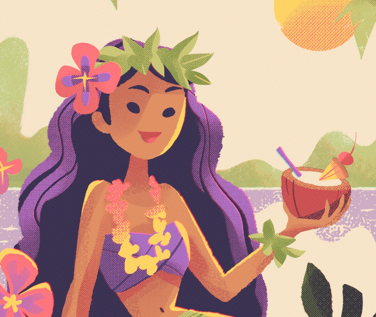 Tiki Girl Hawaiian Girl With Drink and Tiki Masks - Etsy