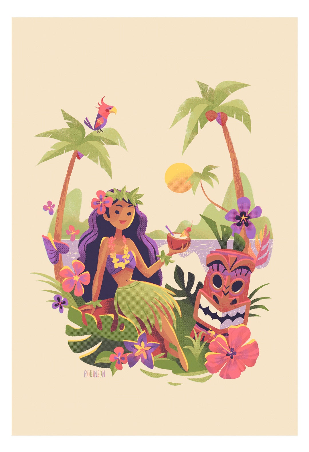 Tiki Girl Hawaiian Girl With Drink and Tiki Masks Illustration Fine Art ...