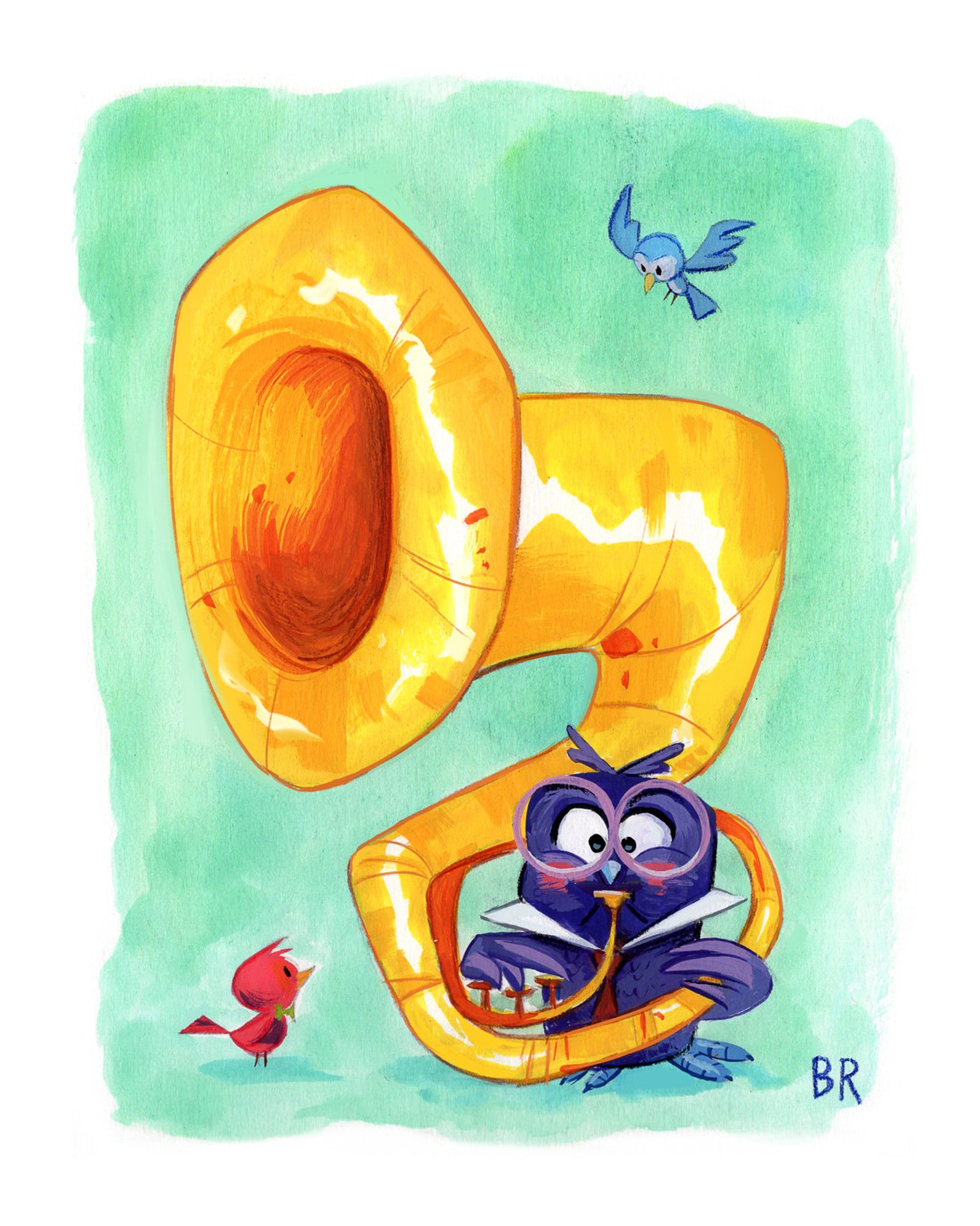 Owl With Tuba 8x10 Fine Art Print Animal Music Art - Etsy