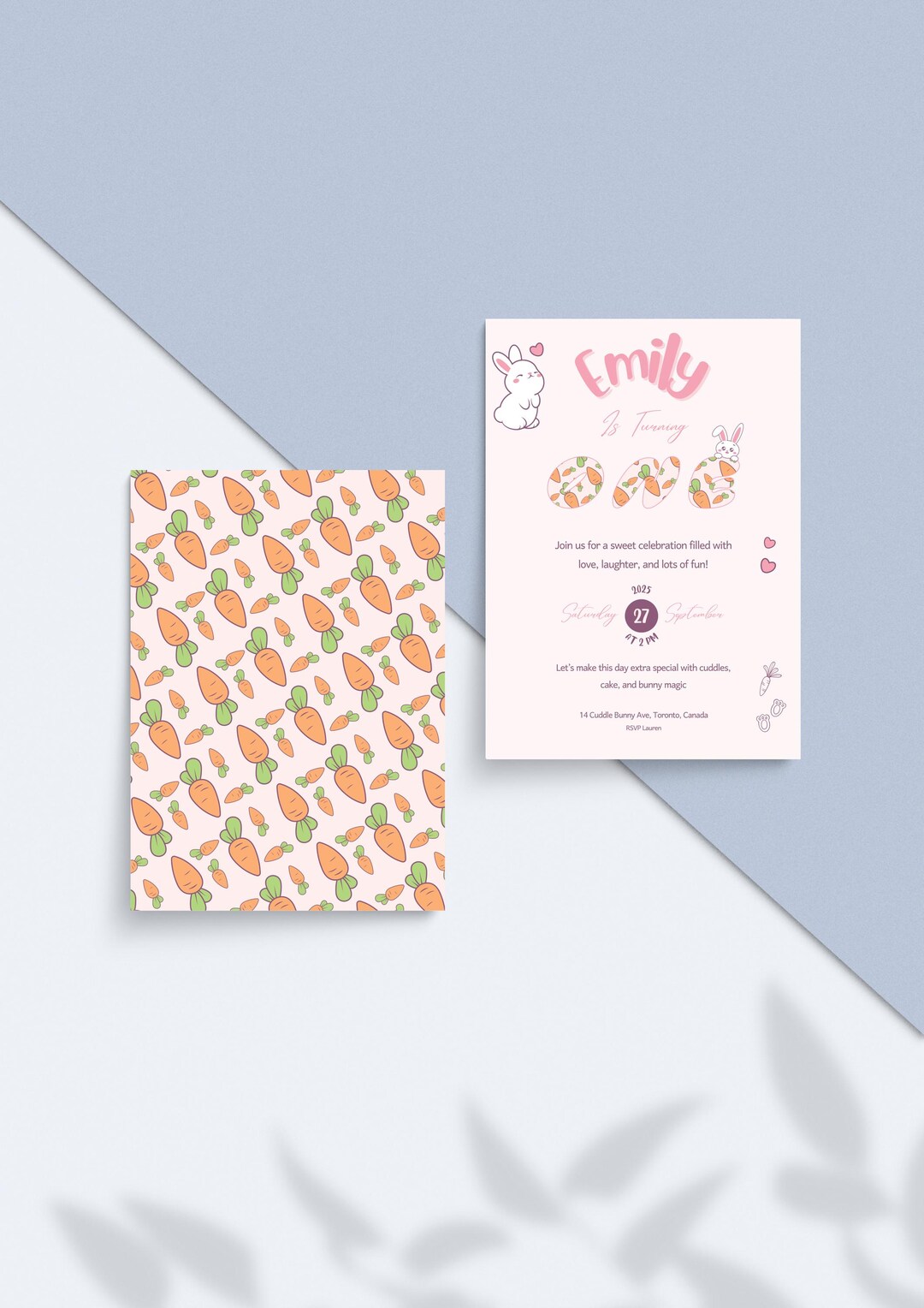 Bunny Party Invitation, First Birthday Invite With Cute Bunnies, Hearts ...