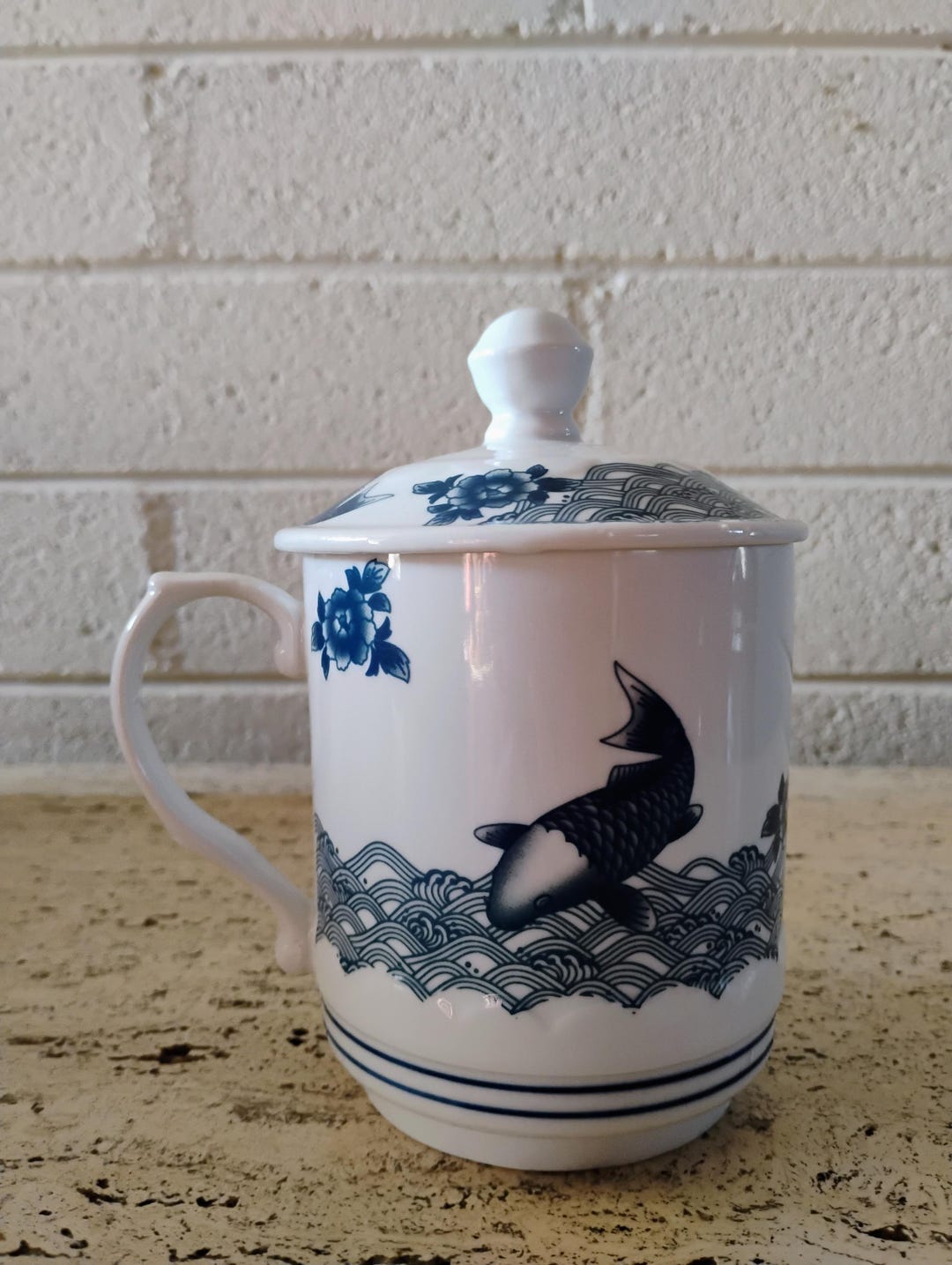 Koi Fish Tea Cup With Lid White and Indigo Porcelain Mug - Etsy