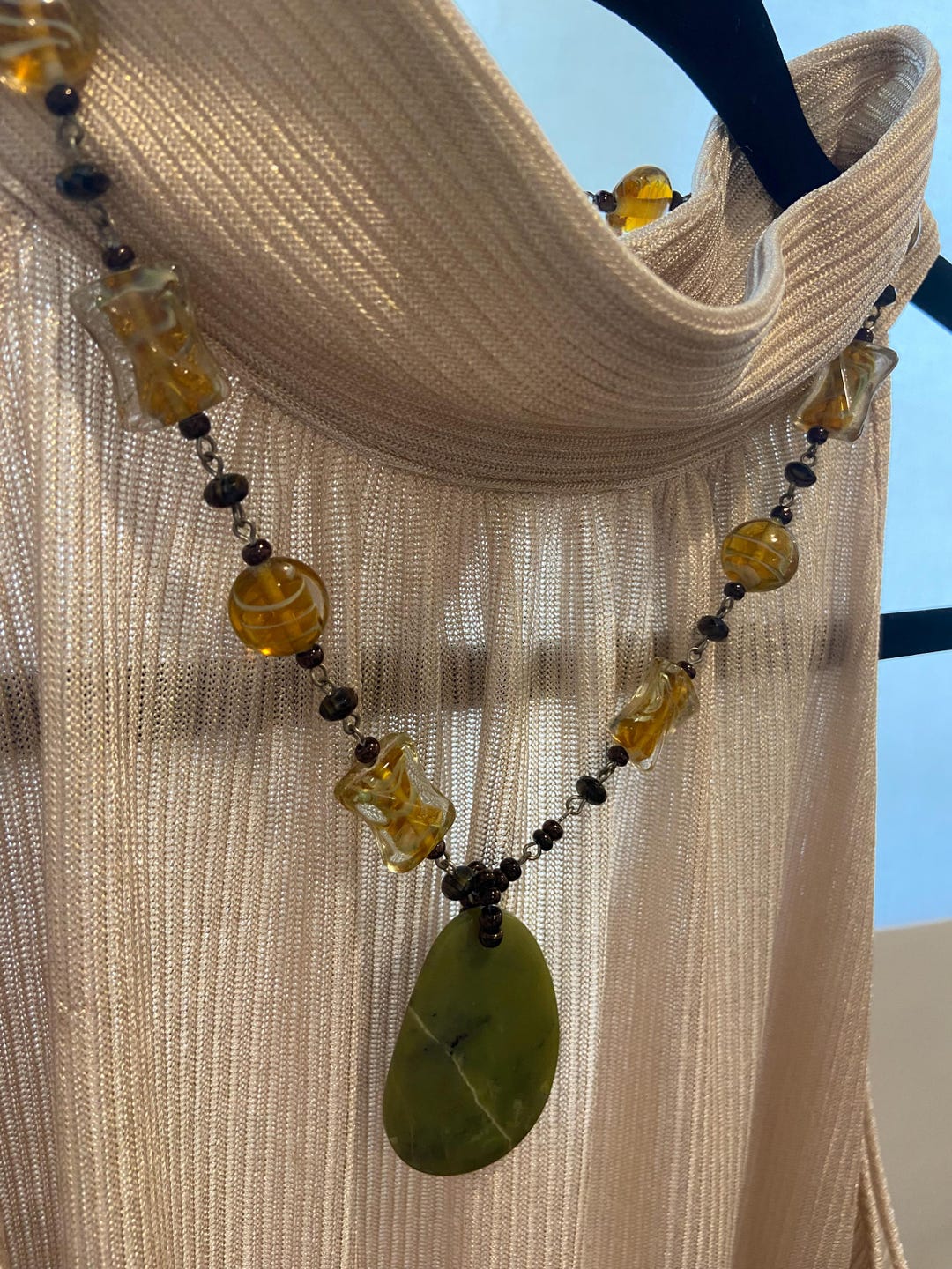 Boho Gold | Halter Style, Gold Top With Beaded Brown & Green Pendant ...