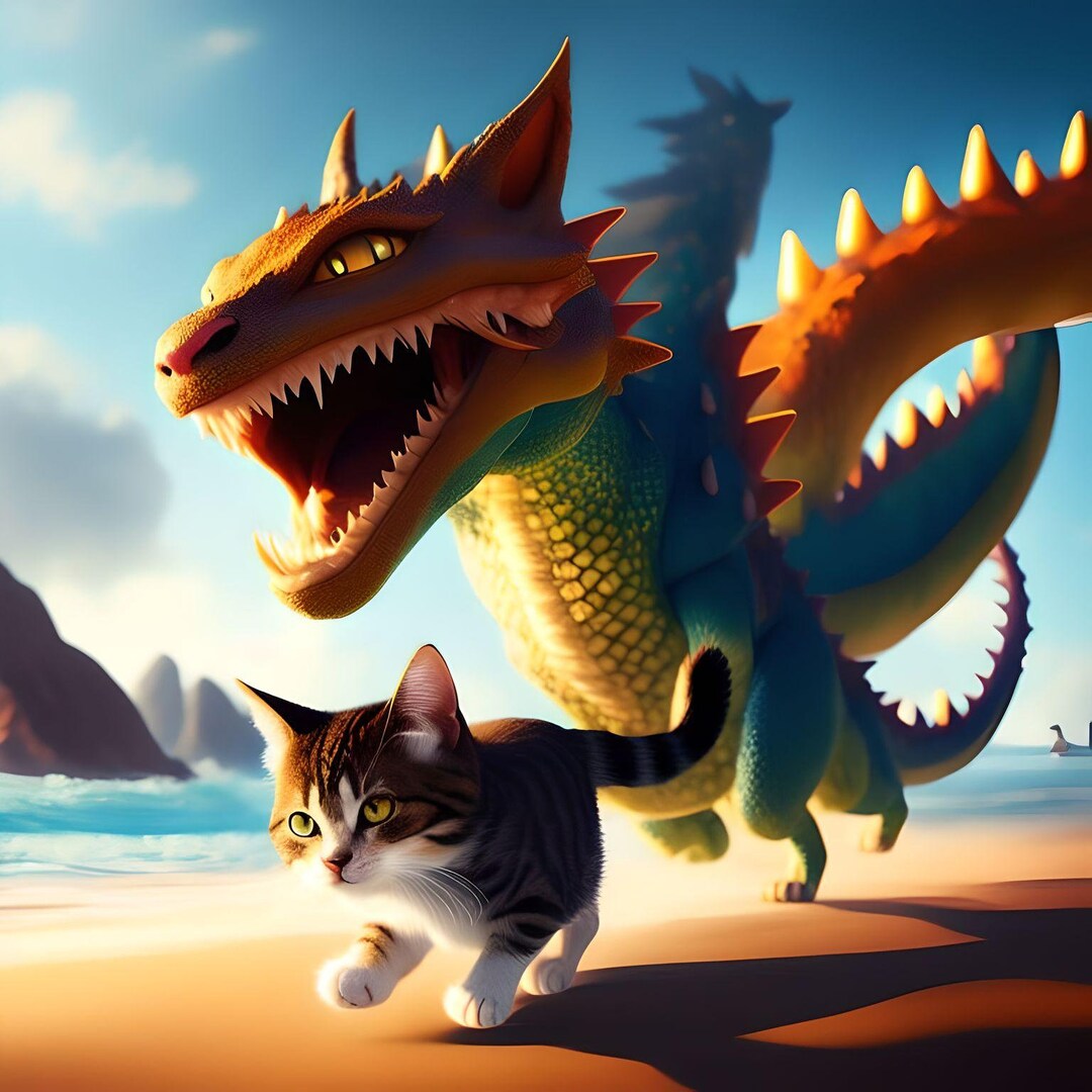 Mythical Dragon Monster Chasing Cute Cat Creatures Digital Poster Art ...