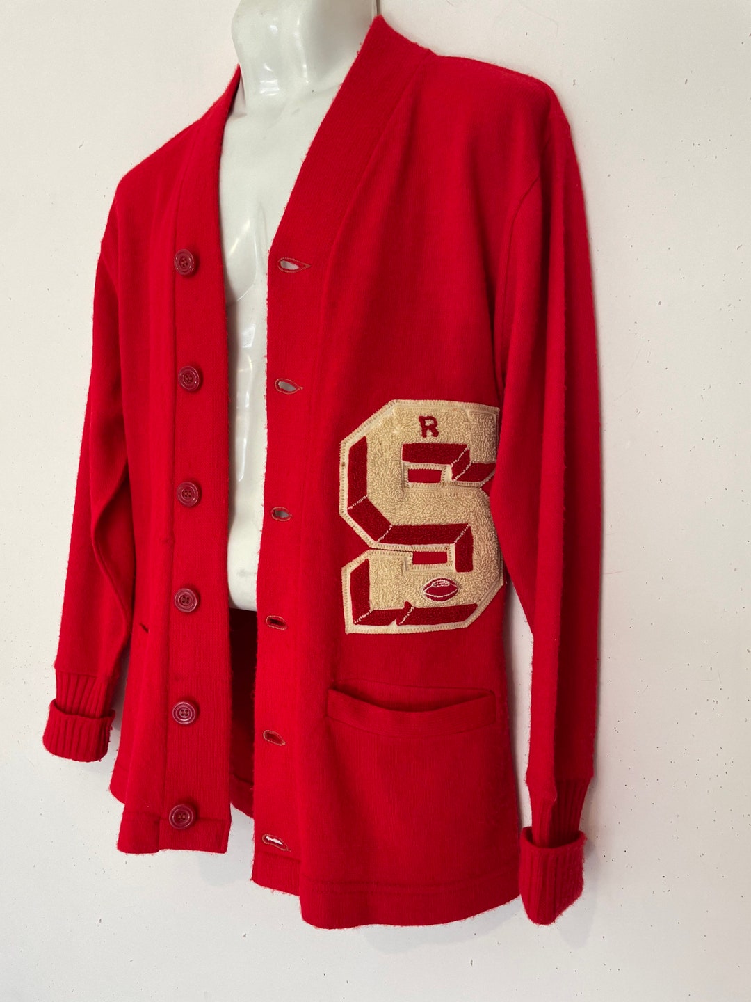 1950s Classic Varsity Football Sweater in Red and Cream, Letterman ...