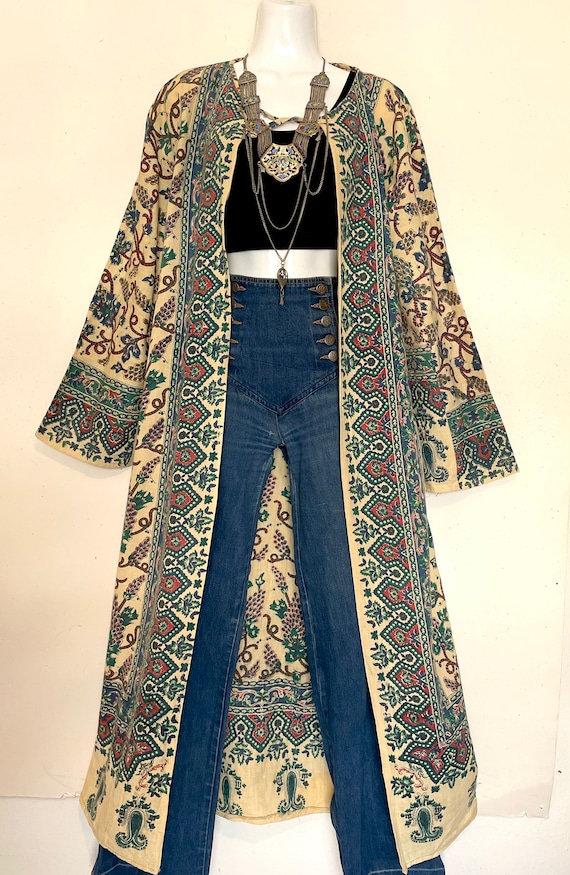1960s HIPPIE CULT GODDESS Indian Cotton Duster Jacket… - Gem