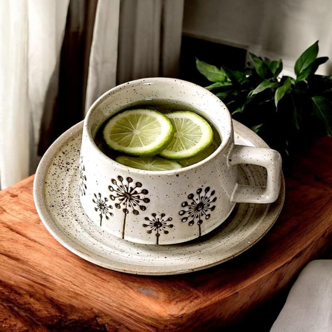 Rustic Ceramic Tea Cup With Saucer - Vintage Floral Coffee Mug ...