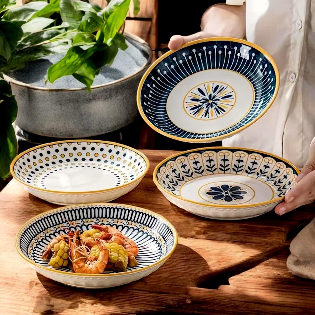 Set of 4 Blue and Gold Ceramic Bowls Asian Porcelain With Floral and ...
