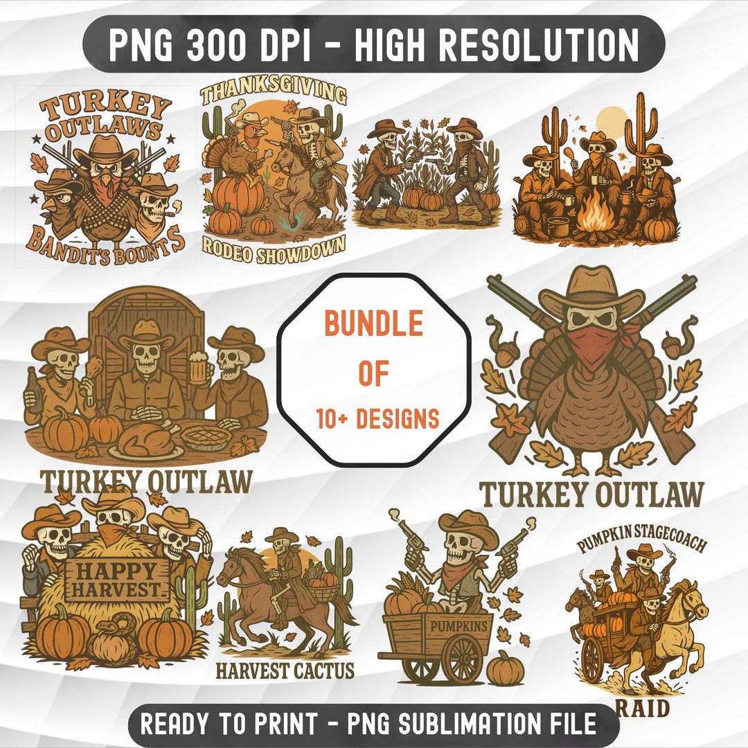 Western Thanksgiving PNG Bundle: Cowboy Turkey, Outlaw Skeletons ...