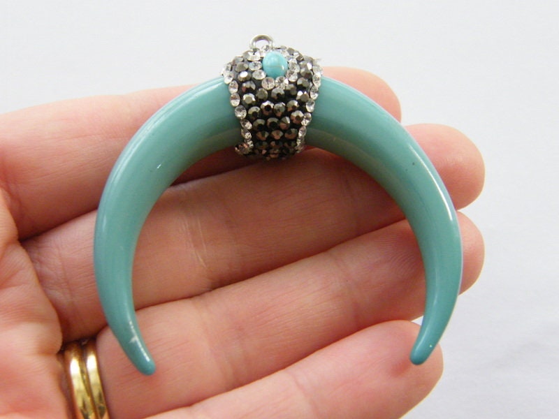2 Crescent Moon Double Horn Rhinestone Charm Pendants Resin Blue Tone ...