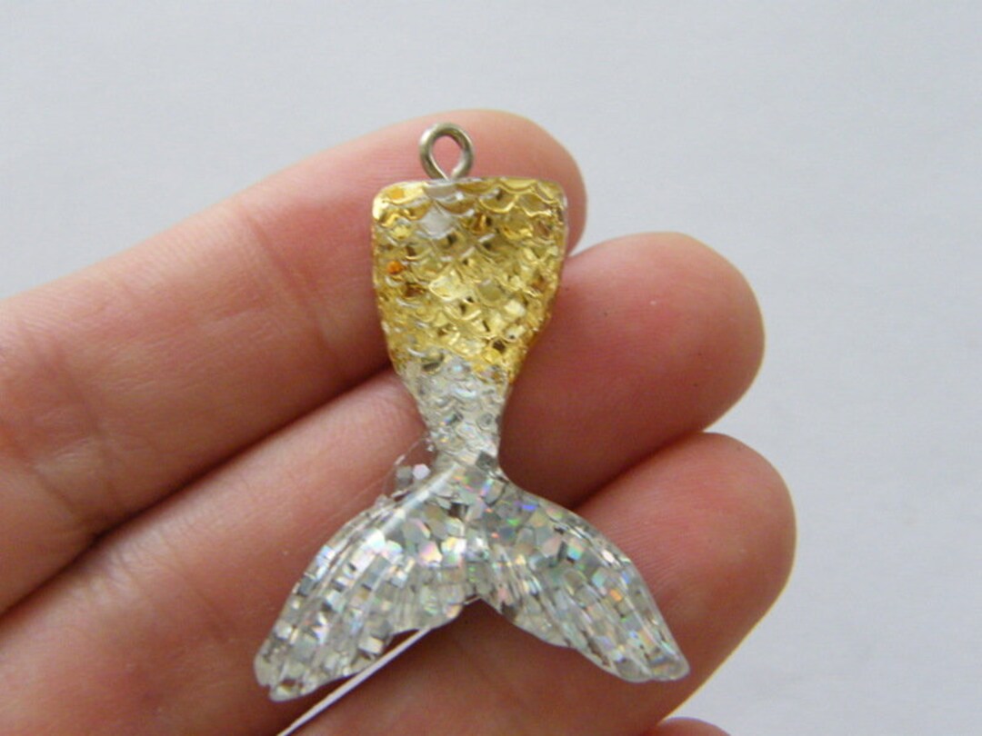 8 Mermaid Tail Gold and Silver Glitter Pendants Resin FF561 - Etsy