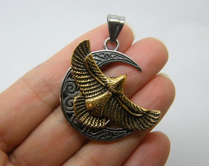 1 Eagle Hawk Moon Pendant Gold and Antique Silver Tone Stainless Steel ...
