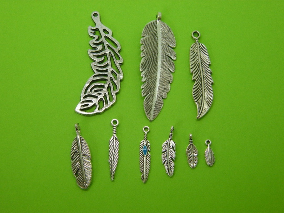 The Feather Collection - 9 Antique Silver Tone Charms - Etsy
