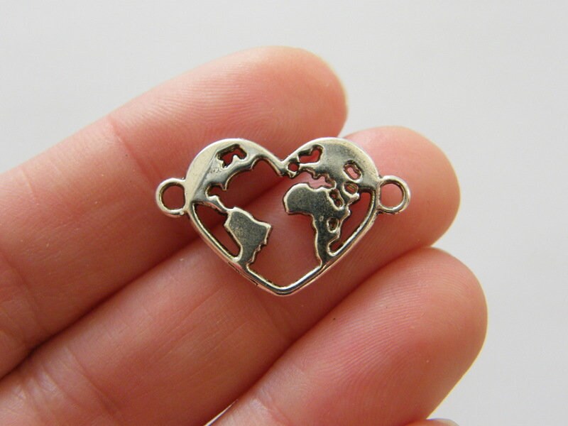BULK 50 World Map Heart Connector Charms Antique Silver Tone WT116 ...