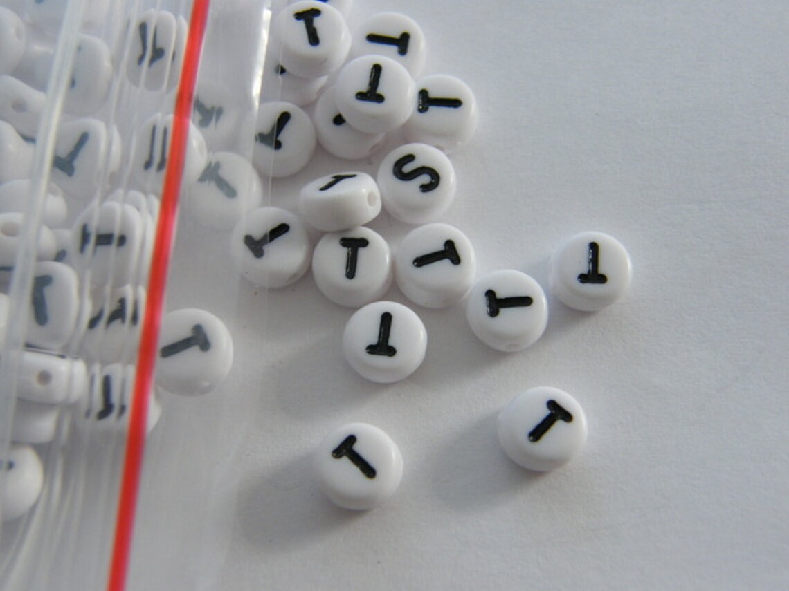 100 Letter T Acrylic Round Alphabet Beads White and Black | Etsy