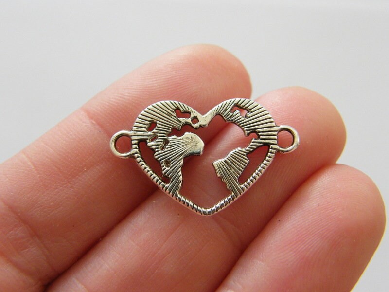 BULK 50 World Map Heart Connector Charms Antique Silver Tone WT116 ...