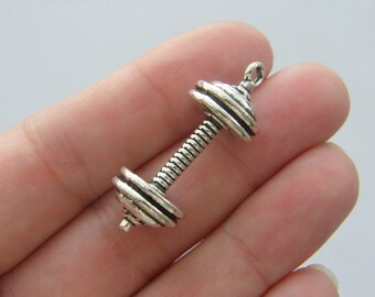20pcs Barbell Charms 3D Fitness Charm Antique Silver Tone 21x7x6mm ...