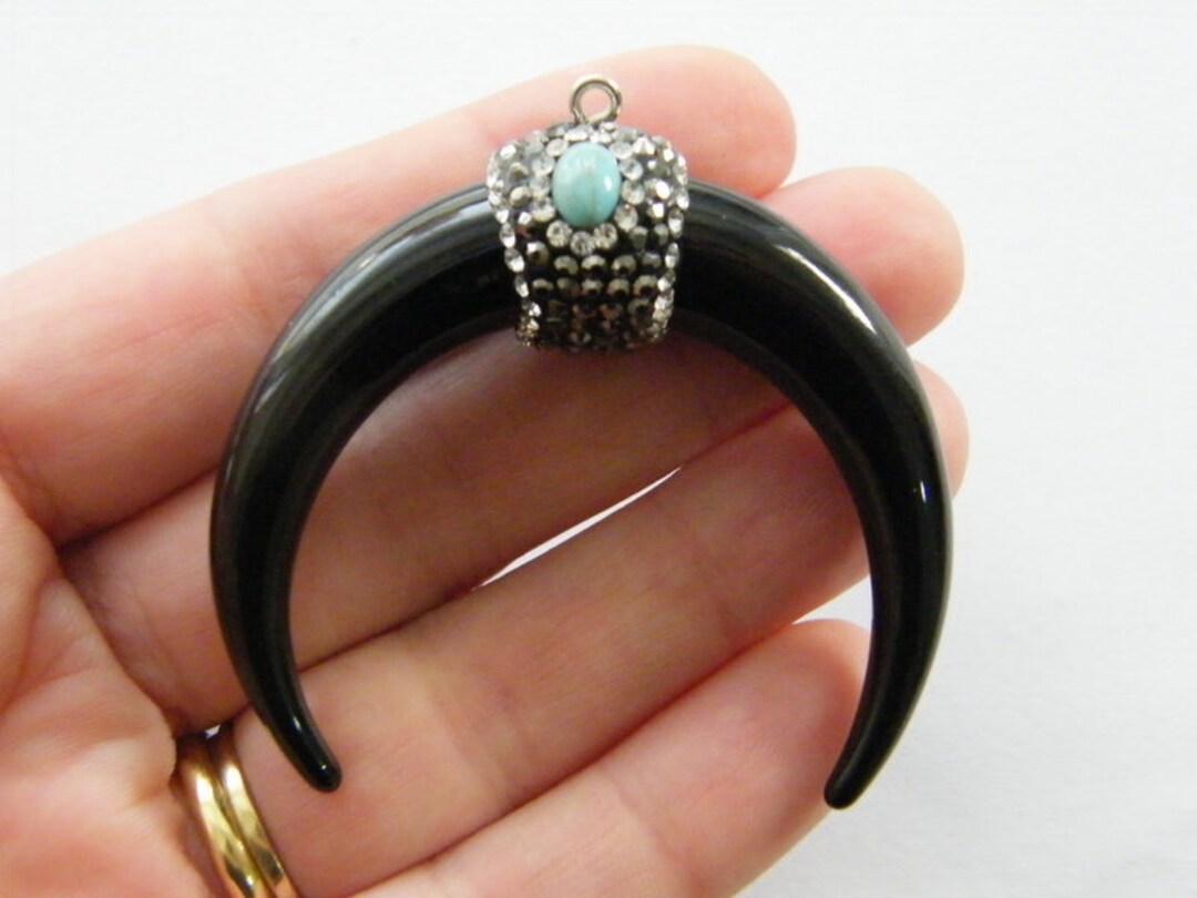 1 Crescent Moon Double Horn Rhinestone Charm Resin Black Tone M106 - Etsy