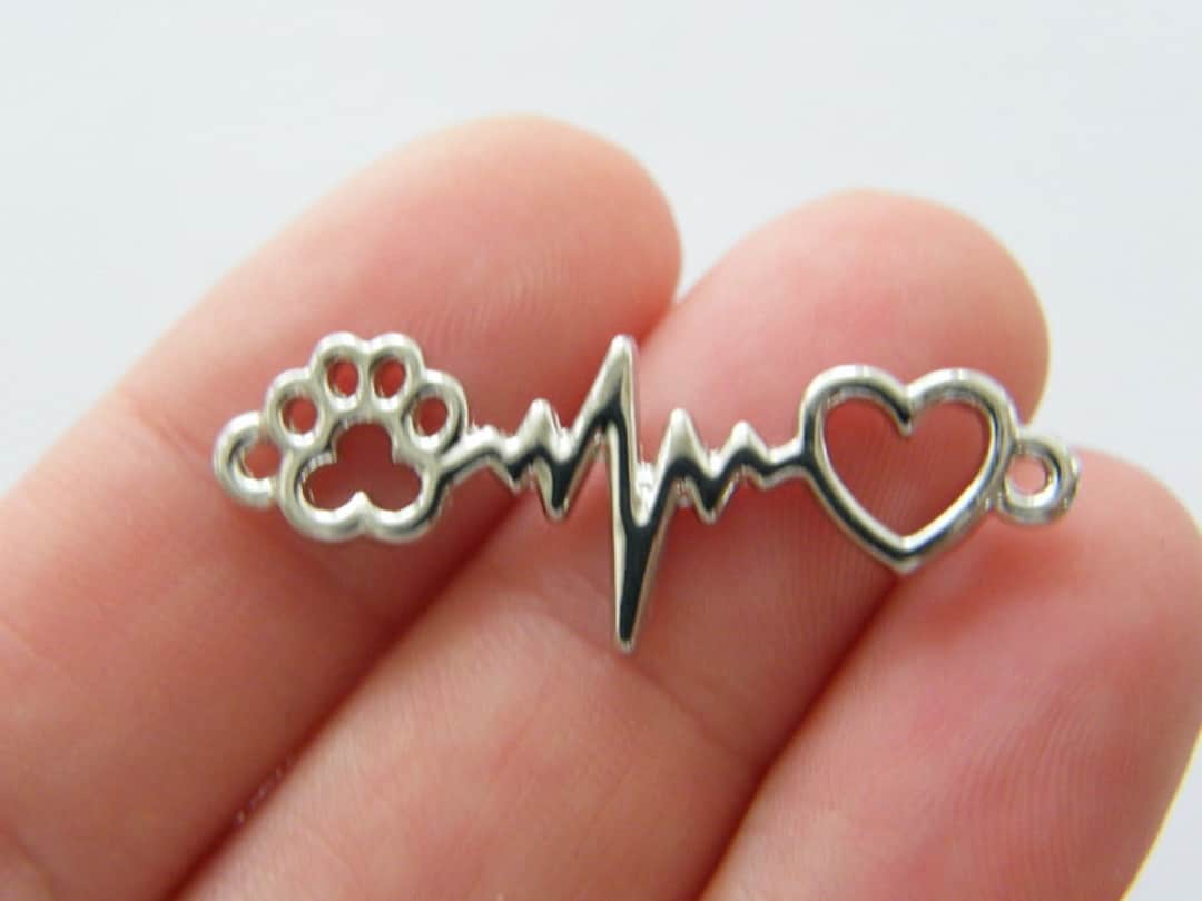 16 Heart Rate Beat Heart Paw Print Connector Charms Antique Silver Tone ...