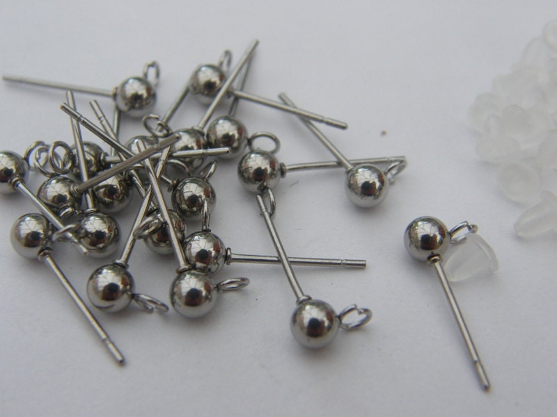 20 Earring Posts With Loops and Stoppers 16 X 7mm Stainless Steel 19157 ...